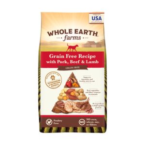 whole earth farms natural grain free dry kibble, wholesome and healthy dog food, pork, beef, and lamb recipe - 4 lb bag