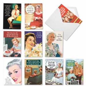 nobleworks - 10 funny birthday cards assortment - adult retro notecard set, bulk boxed humor - old enough to know better a1236