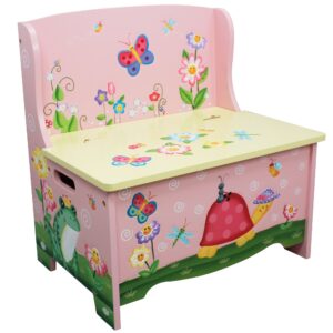 fantasy fields magic garden kids toy box with bench seat, toy storage chest for kids, pink