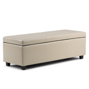 simplihome avalon 48 inch wide contemporary rectangle storage ottoman bench in satin cream vegan faux leather, assembled, for the living room, entryway and family room