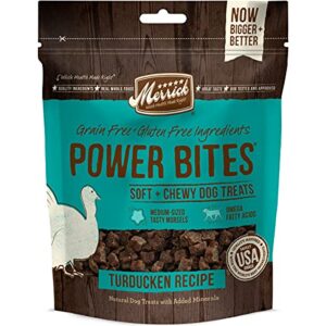 merrick power bites natural soft and chewy real meat dog treats, grain free snack, real turducken recipe - 6 oz. bag