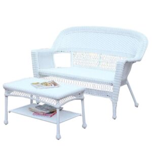 jeco wicker patio love seat and coffee table set without cushion, white