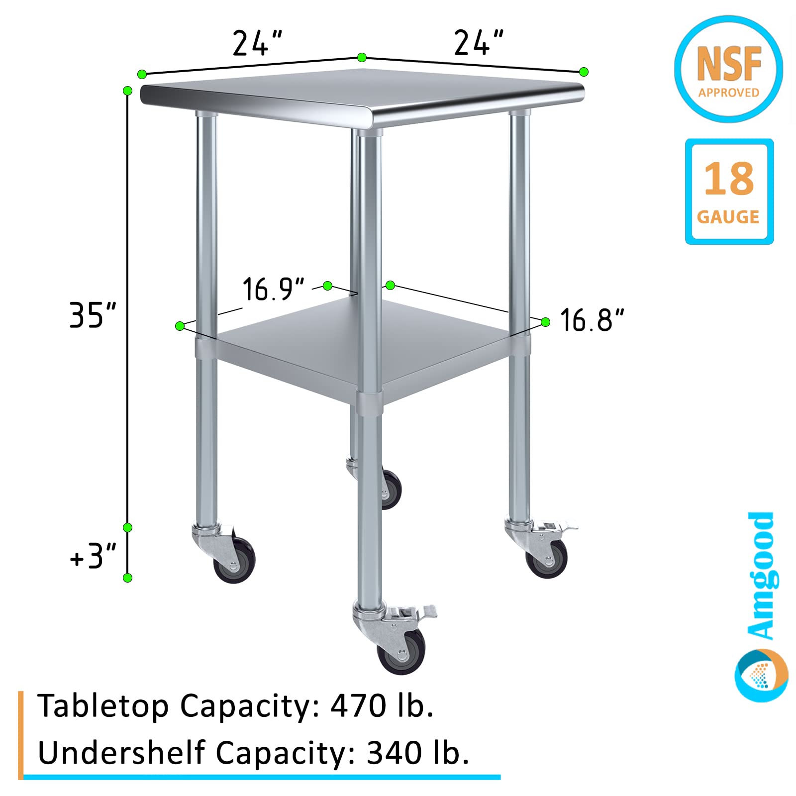 24" X 24" AmGood Stainless Steel Work Table with Wheels | Metal Mobile Table | Food Prep