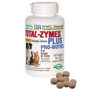 total-zymes plus vegetarian digestive enzymes for dogs & cats, supports a healthy digestive tract & immune system, advanced probiotics & prebiotics- 100 chewable tablets by nwc naturals