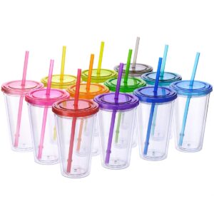 cupture 12 insulated double wall tumbler cup with lid, reusable straw & hello name tags, 12 colors