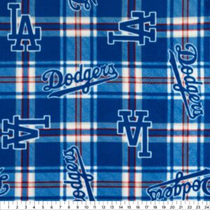 mlb fleece los angeles dodgers plaid blue, fabric by the yard