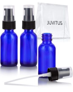 juvitus 1 oz / 30 ml cobalt blue glass boston round bottle with black treatment pump (3 pack) + clear travel bag