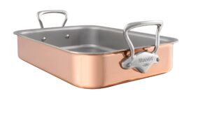 mauviel m'heritage 150 s 1.5mm polished copper & stainless steel roasting pan with rack, and cast stainless steel handles, 13.7 x 9.8-in, made in france