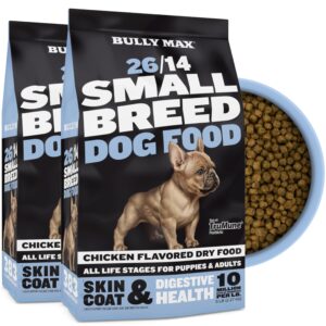 bully max 26/14 small breed dry dog food for skin, coat & sensitive stomach - chicken & rice, dry soft kibble bites for puppies, adult & senior dogs - natural french bulldog puppy food, 10 lbs