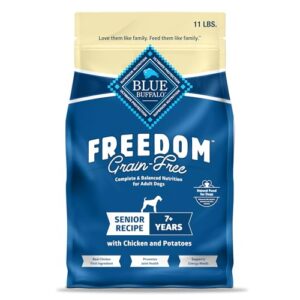 blue buffalo freedom grain-free senior dry dog food, provides energy to stay active, made in the usa with natural ingredients, chicken & potatoes, 11-lb. bag