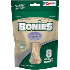 bonies natural calming formula dog treats, contains chamomile & lavender, help anxiety, excessive barking & trembling, chicken flavor, medium, 8 bones