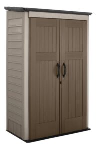 rubbermaid vertical resin outdoor storage shed, with floor (4 x 2.5 ft), weather resistant, brown, organization for home/backyard/garden tools/porch/patio cushions/pool chemicals/toys