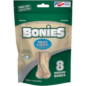 bonies breath and dental formula treats for dogs, all-natural ingredients, fresh breath, cleans teeth, low calories, chicken flavor - medium, 8 bones, 11.45-oz