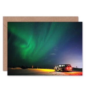 wee blue coo northern lights camper van night green aurora birthday sealed greeting card plus envelope blank inside