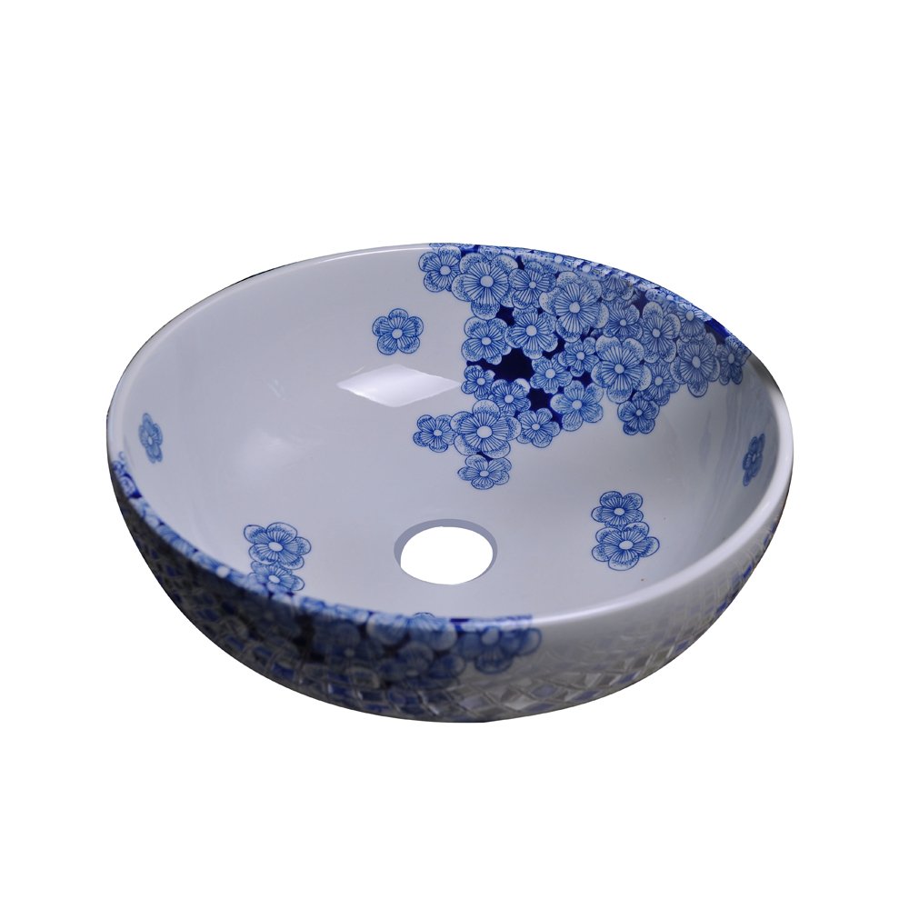 Dawn GVB87024 Ceramic, Hand-Painted Vessel Sink-Round Shape, Blue and White