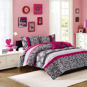 mi zone comforter set fun bedroom décor - modern all season polka dot print, vibrant color cozy bedding layer, matching sham, decorative pillow, full/queen, zebra pink 4 piece