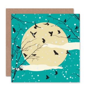 wee blue coo winter tree with crows against moon snow blank greetings birthday card art