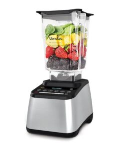 blendtec designer 725 blender with wildside+ jar (90 oz), professional-grade power self-cleaning, 6 pre-programmed cycles, 100-speeds, sleek and slim, stainless steel, /black