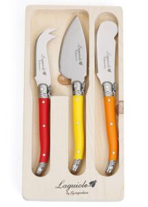 laguiole by flyingcolors butter knife spreader cheese knife set, with wooden gift holder, 3 pieces (multicolor)