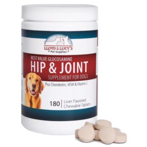 lloyd & lucy's hip and joint supplement for dogs - chewable multivitamin with glucosamine, chondroitin, msm and vitamin c - healthy liver flavored treat pets will love - 180 ct tablets