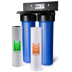 ispring wgb22b 2-stage whole house water filtration system with 20” x 4.5” fine sediment and carbon block filters, removes 99% of chlorine