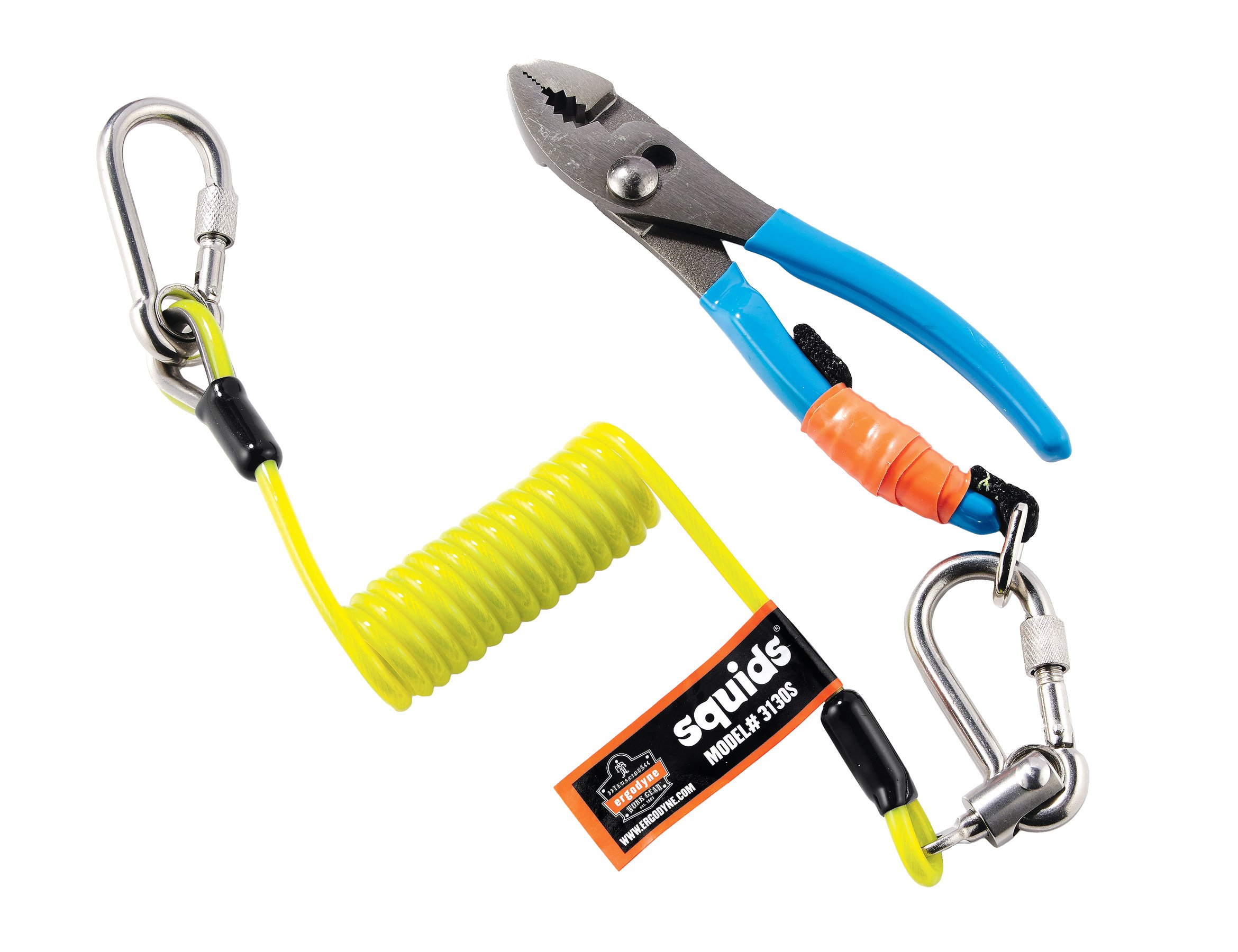 Ergodyne Squids 3130S Coiled Cable Tool Lanyard with Dual Stainless Steel Carabiners, 2 Pounds