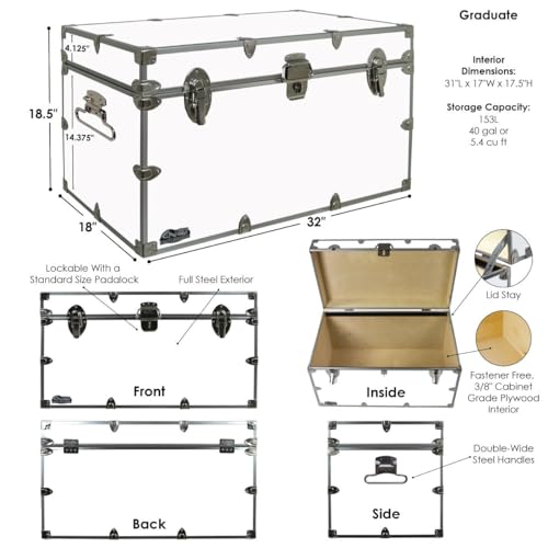 C&N Footlockers - XL Graduate Storage Trunk - Made in the USA - STEEL Footlocker for College Dorm Room & Summer Camp - 32 x 18 x 18.5 Inches (Dark Green)