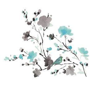 roommates rmk2687scs blossom watercolor bird branch peel and stick wall decals, multi color