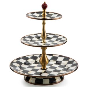 mackenzie-childs enamel three-tier sweet stand, three-tiered serving-tray stand, party food display, black-and-white courtly check