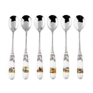 spode woodland tea spoons with assorted motifs | stainless steel spoons for dessert, tea, and coffee | coffee spoons with porcelain handles, set of 6