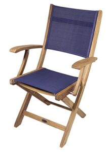 seateak bimini foldable chair - director’s chair with blue durasling fabric - teak folding chair for boat, poolside, patio, camping, outdoors