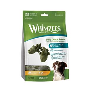 whimzees alligator, natural and grain free dog dental sticks, dog chews for medium breeds, 12 pieces, size m