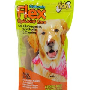 Fido Flex Hip and Joint Care Bones for Dogs, Made with Glucosamine, Chondroitin, and Cherries - Promotes Mobility, Joint Function, and Naturally Reduces Plaque - 8 Treats Per Pack, Pack of 1