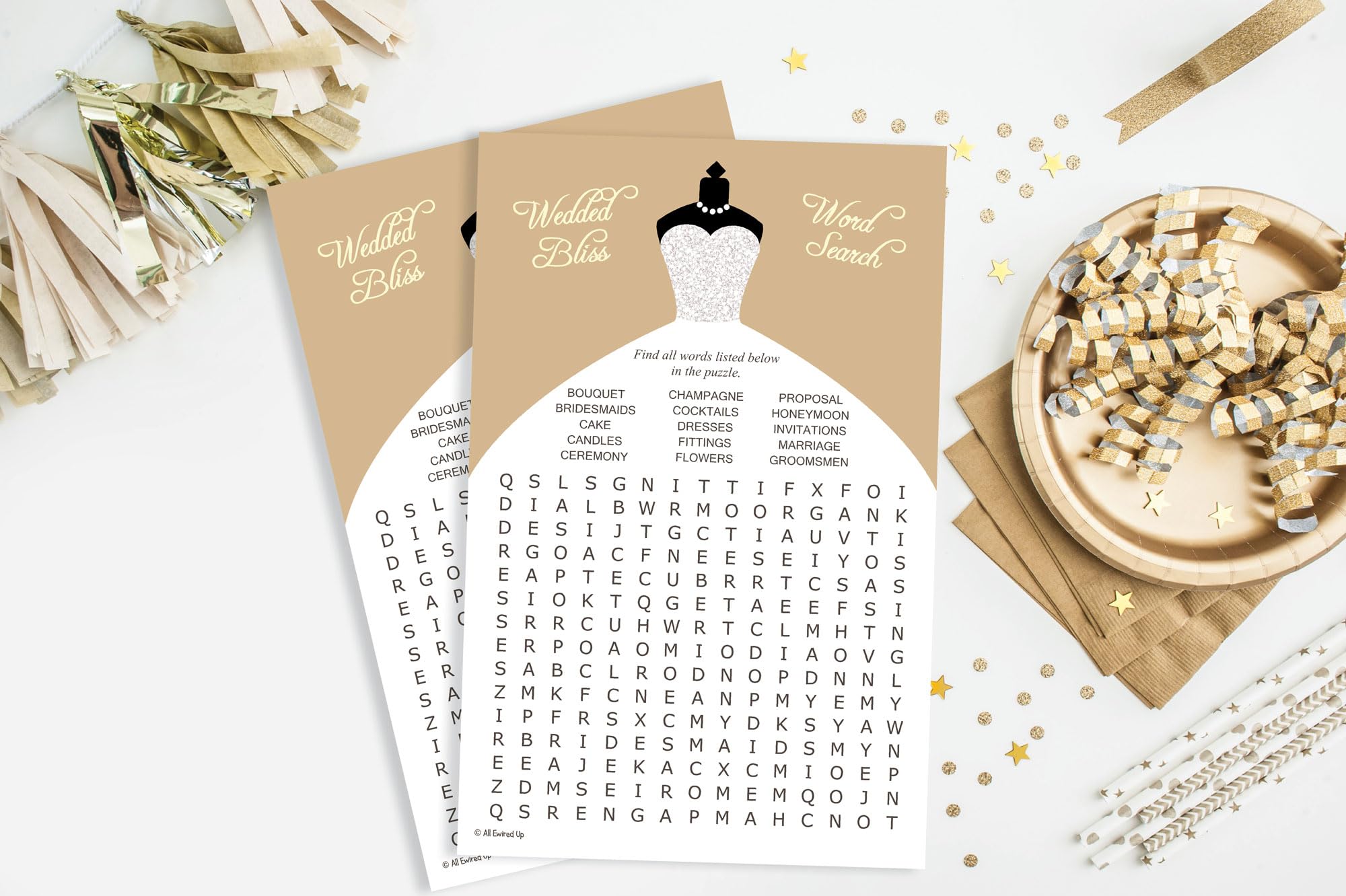 All Ewired Up Wedding Word Find/Search Game - Bridal Shower - Champagne Silver Wedding Dress (50-Sheets)