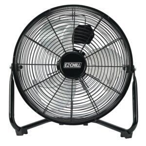 ez-chill 12” cradle floor fan, 3 speed, high velocity, 180 degree adjustable tilt, all-metal, carry handle, rubber feet, airflow 15.42 ft/sec, ideal for home, bedroom & office, mtfdb-12