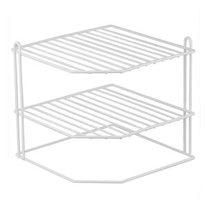 home basics corner rack, white, vinyl coated steel, rust resistant, 2-tier shelf, keeps spices and cups organized, 9x9x8.5in