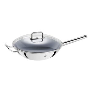 zwilling wok, glass lid and removable grid insert, incl. long handle, suitable for induction, stainless steel, plus,silver, Ø 32 cm