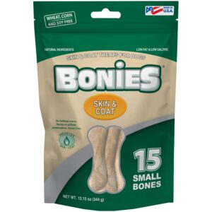 bonies natural skin & coat formula small-sized single bone - promote silky coat & healthy skin, healthy teeth & fresh breath, low calories - chicken flavor, 15 count