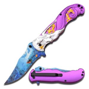 masters collection – spring assisted open folding pocket knife – stainless steel blade w/ocean graphic, purple aluminum handle w/silver mermaid, pocket clip, edc, collectible – mc-a013pe