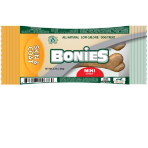 bonies skin and coat treats for dogs, promote silky coat and healthy skin, healthy teeth & fresh breath, low calories - chicken flavor, minis, 2 bone pack