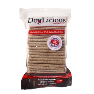 dog-licious rawhide munchy sticks for dogs, long lasting dog chew treats, easy to digest & improve dental welfare (pack of 100) (50707)