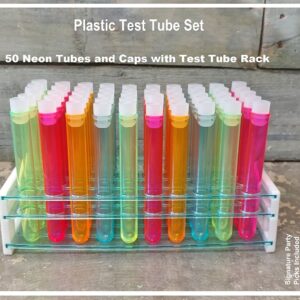 Test Tube Party Pack with Assorted Neon 5" Plastic Test Tubes, Caps and 50-hole Test Tube Rack w/Signature Party Picks