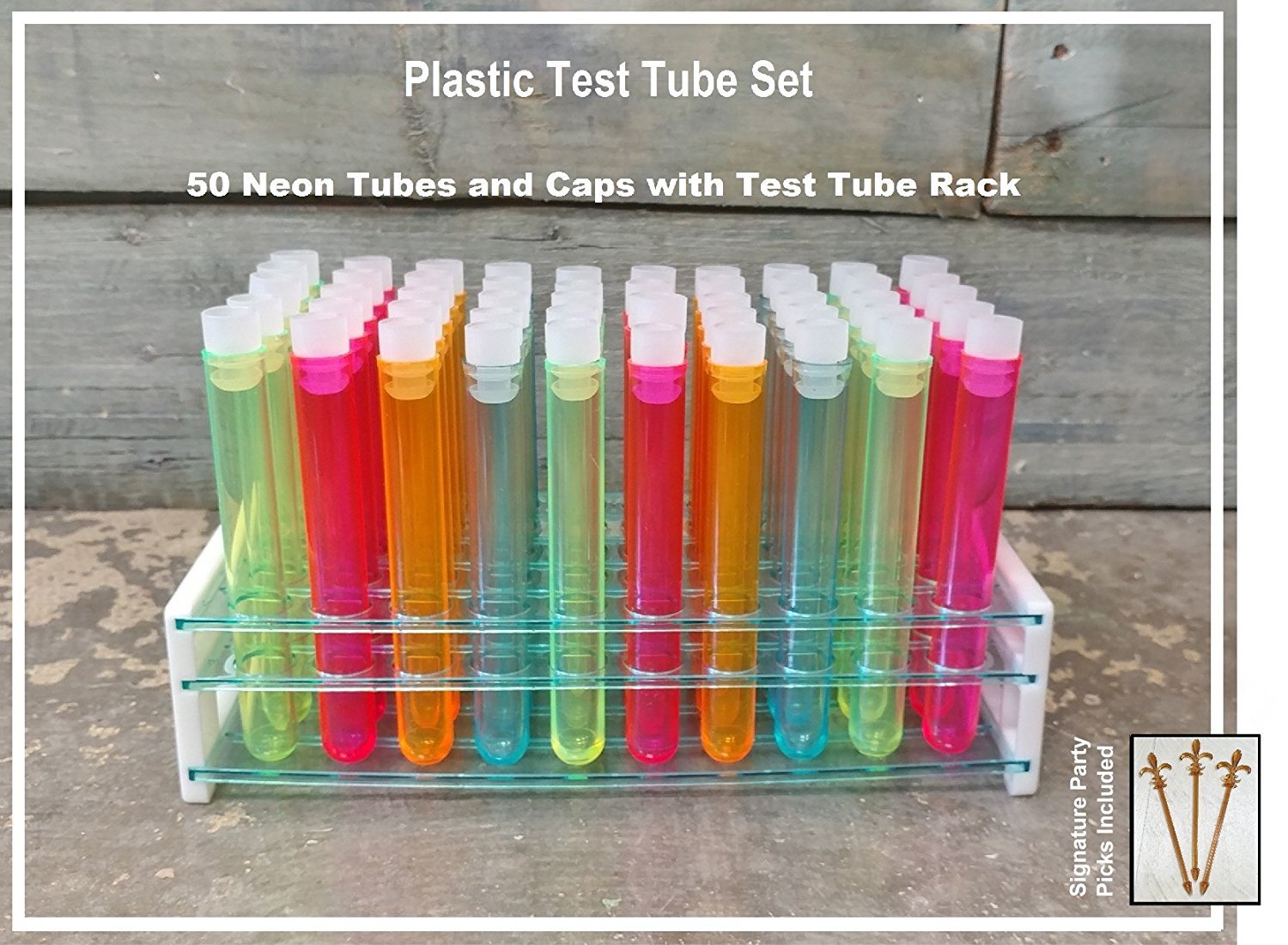 Test Tube Party Pack with Assorted Neon 5" Plastic Test Tubes, Caps and 50-hole Test Tube Rack w/Signature Party Picks