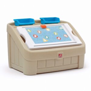 step2 2-in-1 toy box & art lid, kids toy storage bin & organizer, easel & chest in one, made of durable plastic, for toddlers 2+ years old, tan