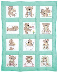 jack dempsey needle art teddy bears nursery quilt blocks, white, 9 by 9-inch