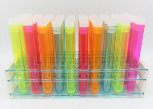 test tube party pack with assorted neon 5" plastic test tubes, caps and 50-hole test tube rack w/signature party picks