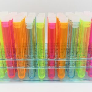 Test Tube Party Pack with Assorted Neon 5" Plastic Test Tubes, Caps and 50-hole Test Tube Rack w/Signature Party Picks