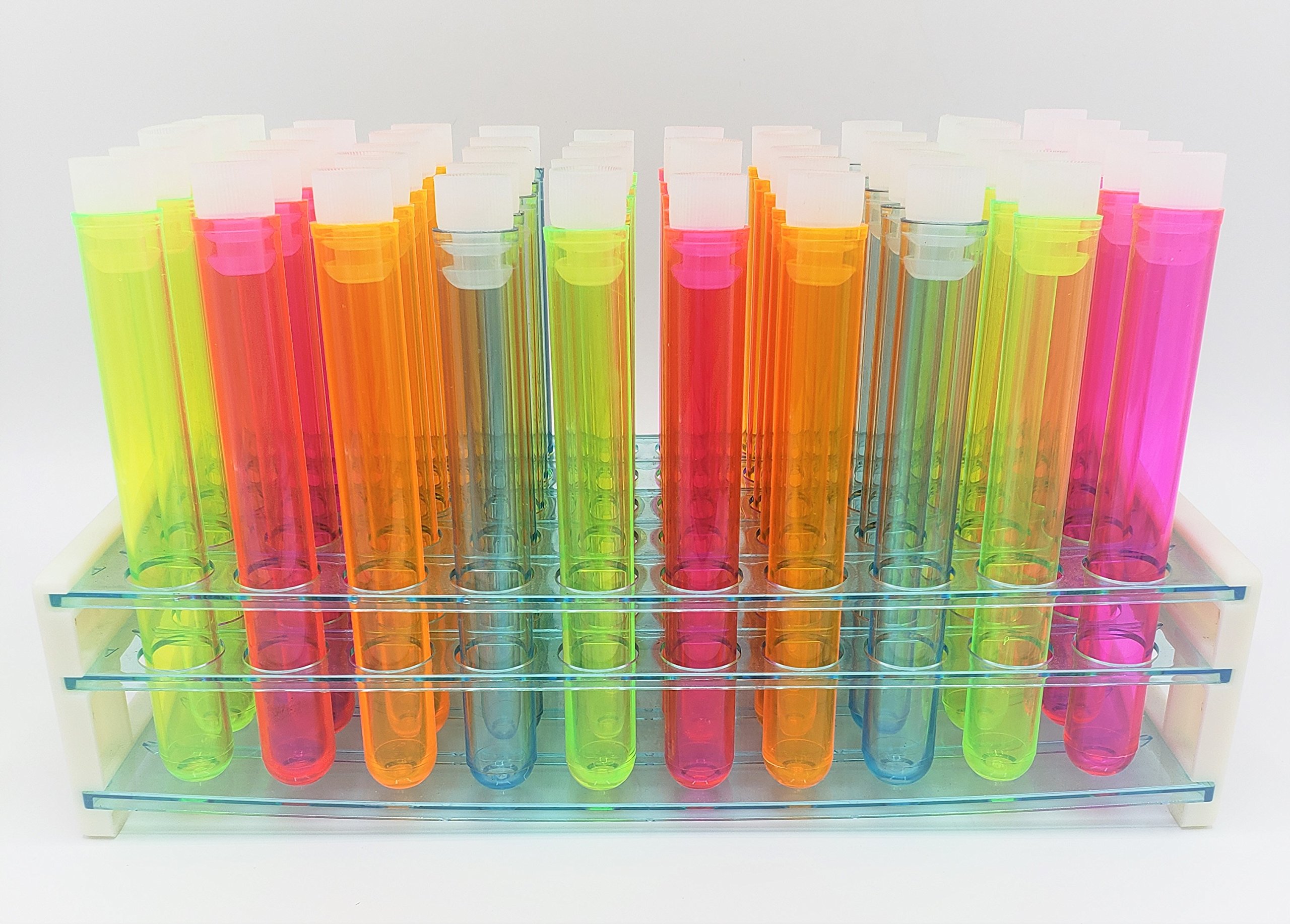 Test Tube Party Pack with Assorted Neon 5" Plastic Test Tubes, Caps and 50-hole Test Tube Rack w/Signature Party Picks