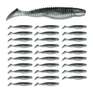 30-pack swim bait, smoke/pearl 3.5in swimbait, trout, crappie, walleye, or bass paddle tail lure, freshwater or saltwater fishing lures