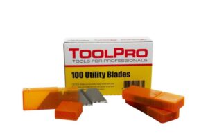 toolpro premium utility blades - 100 pack, high carbon steel replacement blades for utility knives, great for crews & large projects